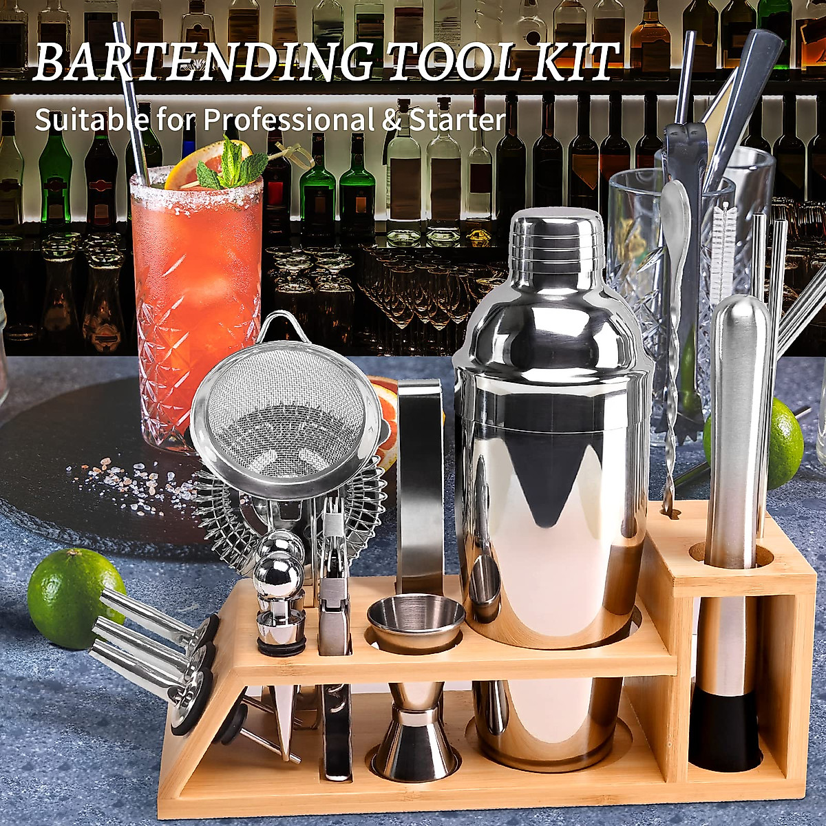 28Pcs Cocktail Shaker Set Bartender Kit with Bamboo Stand, Stainless Steel Martini Shaker and Jigger, Bartending Bar Tool Set with Velvet Carry Bag & Recipe Book for Drink Mixing, Home, Bar, Party