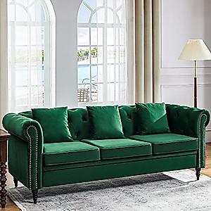 kinmars Chesterfield Sofa Velvet,3 Seater Couch Furniture,Couches for Living Room with Deep Button Tufting,Large Sofa with Rolled Arms (Green)