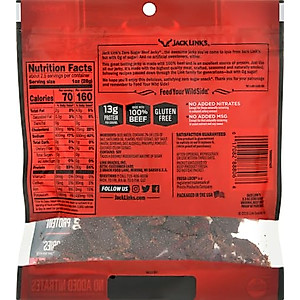 Jack Link's Beef Jerky, Zero Sugar, Paleo Friendly Snack with No Artificial Sweeteners, 13g of Protein and 70 Calories Per Serving, No Sugar Everyday Snack, 2.3 oz