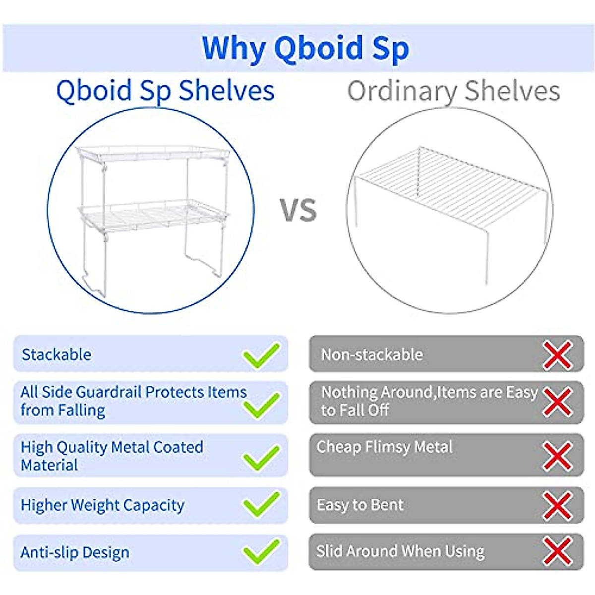 Qboid Sp Stackable Cabinet Shelf - 4 Pack Racks - Large（15x7.6x9.0） Counter & Pantry Organizer Organization, Canned Goods, Condiments - Kitchen [White]