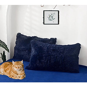 6Pcs Fluffy Faux Fur Duvet Cover Sets,Fuzzy Plush Shaggy Bedding Set(1Faux Fur Quilt Cover with Velvet Fabric Inner+1Flannel Flat Sheet+2 Shaggy Pillowcases+2 Heart Pillows) Zipper Closure Navy King