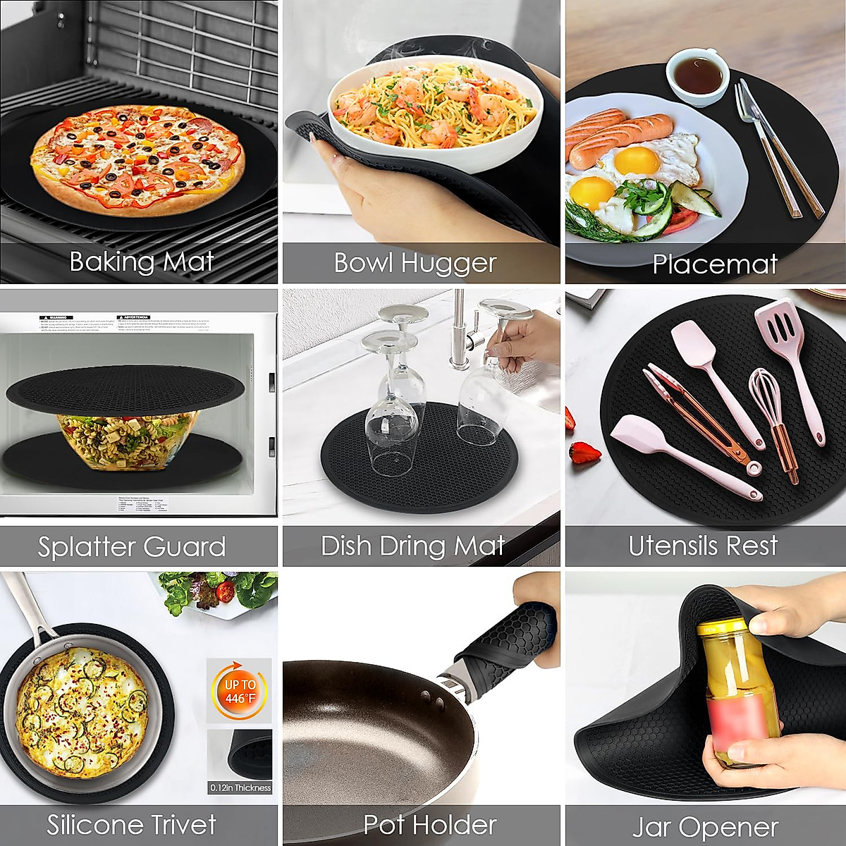 Silicone Microwave Mats, 12" Extra Large Multi-Use Microwave Mat Heat Resistant Silicone Trivet Mat Pot Holders Hot Pads for Kitchen, Silicone Cover Pad for Microwave Oven Hot Pot Pans, Black 2Pack