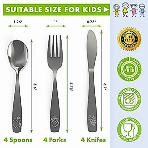 12 Piece Stainless Steel Kids Silverware Set - Child and Toddler Safe Flatware - Kids Utensil Set - Metal Kids Cutlery Set Includes 4 Small Kids Spoons, 4 Forks & 4 Knives