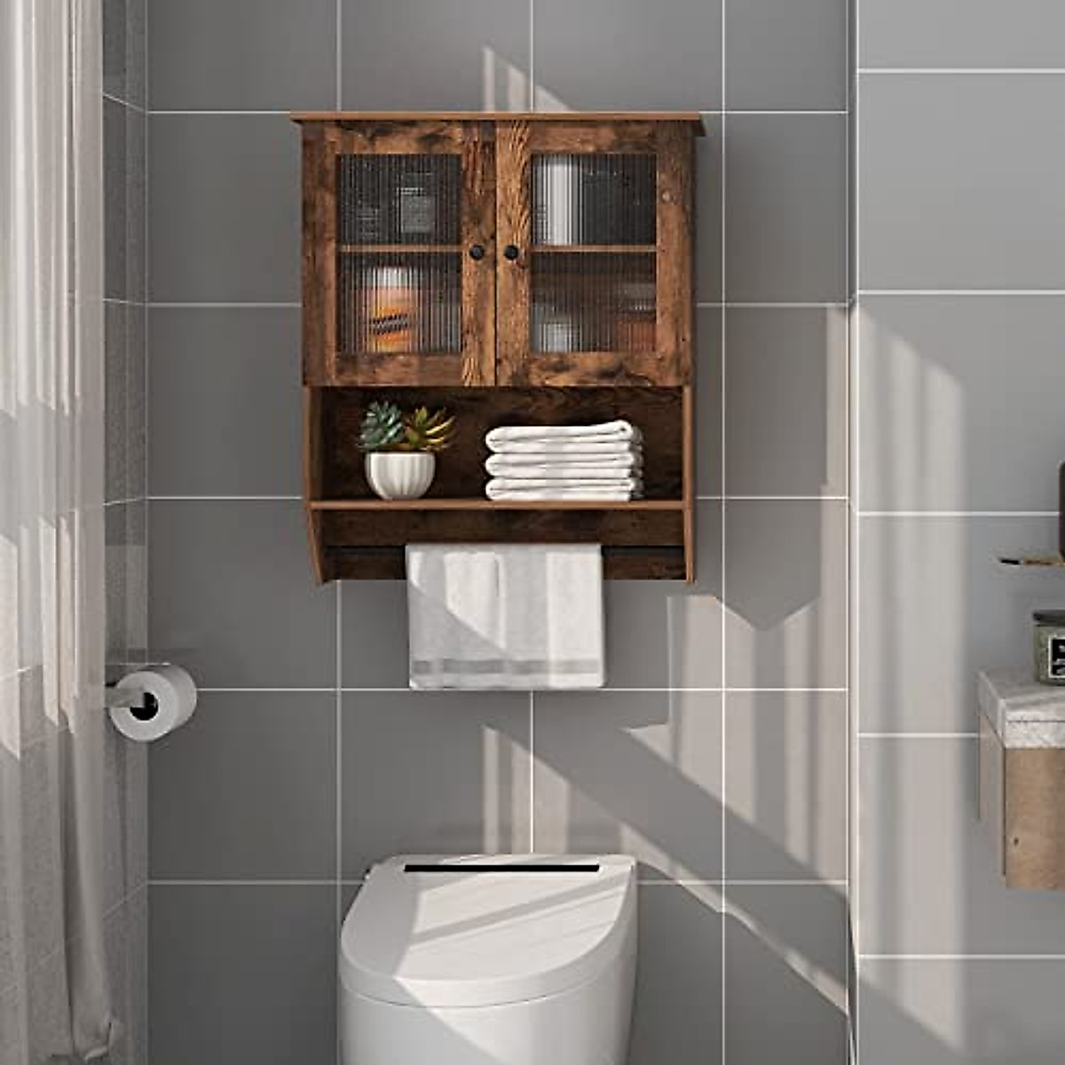 Tohomeor Bathroom Wall Cabinet with Towels Bar Wooden Medicine Cabinet with 2 Doors Wall Mounted Storage Cabinet Over Toilet Bathroom Cabinet (Brown)