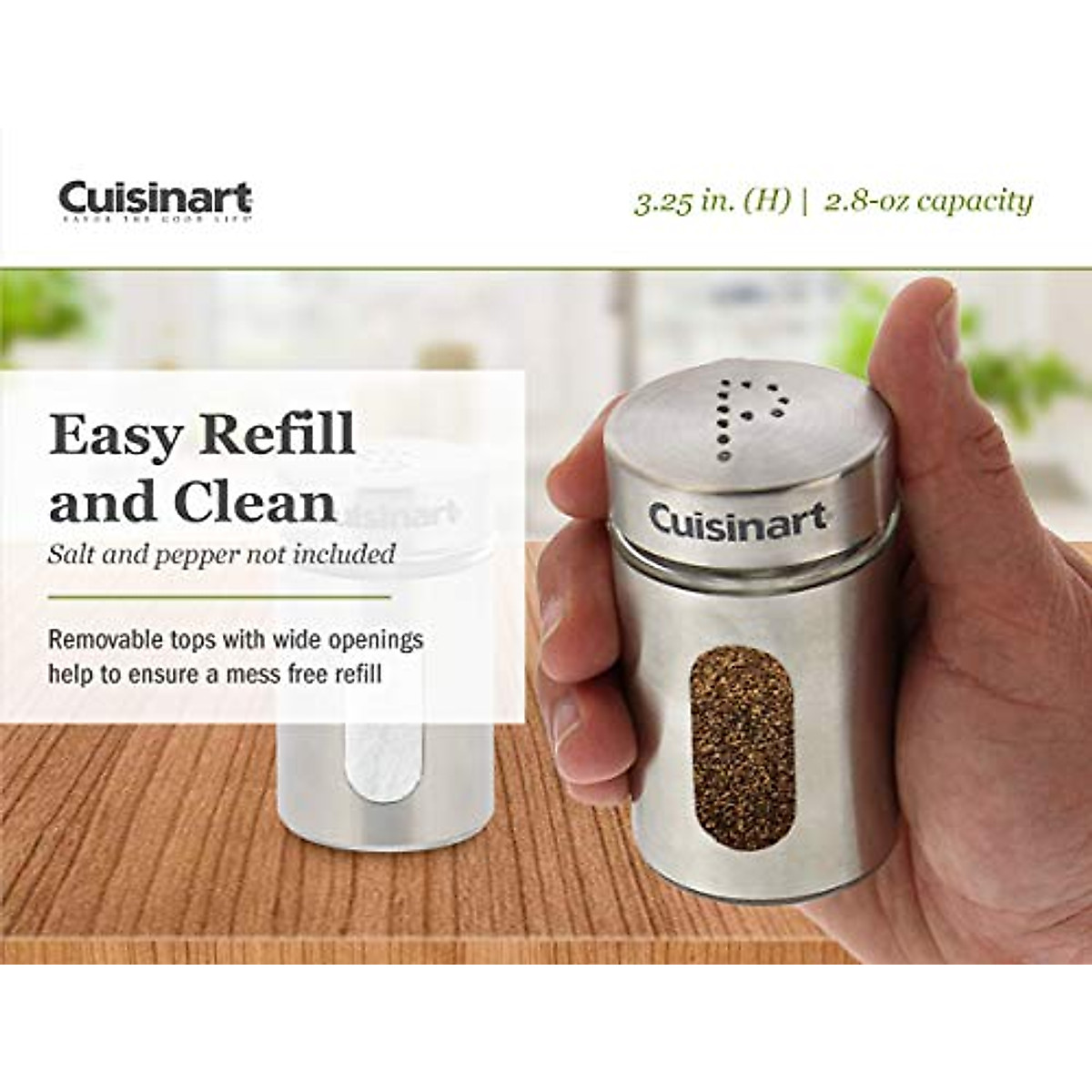 Cuisinart Salt and Pepper Shakers Set, 2.8 ounces - Easy to Fill Glass Salt and Pepper Shakers with Viewing Window - Great for Storing Salt and Pepper, Spices and Seasonings - Black