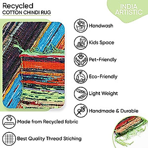 India Artistic Multi Color Chindi Rag Rug 4X6' | Hand Woven Rug & Reversible Rug | Recycled Cotton Chindi Rug for Living Room Kitchen | Rustic Rug | Cotton Rug | Runner Rugs (Green Colour)