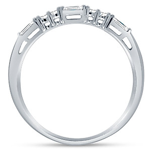 Size 6 - Solid 14K White Gold Round Brilliant Cut & Baguette CZ Cubic Zirconia Ladies Womens Wedding Band or Anniversary Ring 1/2 cttw.