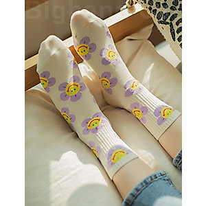 IIG 3-6 Pairs Womens Cute Animal Patterned Funny Novelty Cotton Crew Socks (Flower 2-5 pairs)