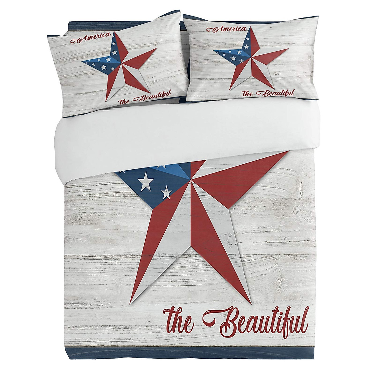 3 Pieces Duvet Cover Bedding Set Queen 4th of July Independence Day Patriotic Star Breathable Ultra Soft Comforter Cover with Zipper and Pillowcases Luxury Quilt Covers for Bedroom Vintage Wood Board