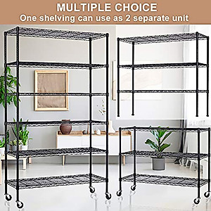 6 Tier Wire Shelving Storage Metal Shelf Standing Shelf Units NSF Shelf Height Adjustable Garage Shelving 48"x18"x82" with Wheels/Feet Levelers 2100lbs Capacity Commercial Shelving, Black
