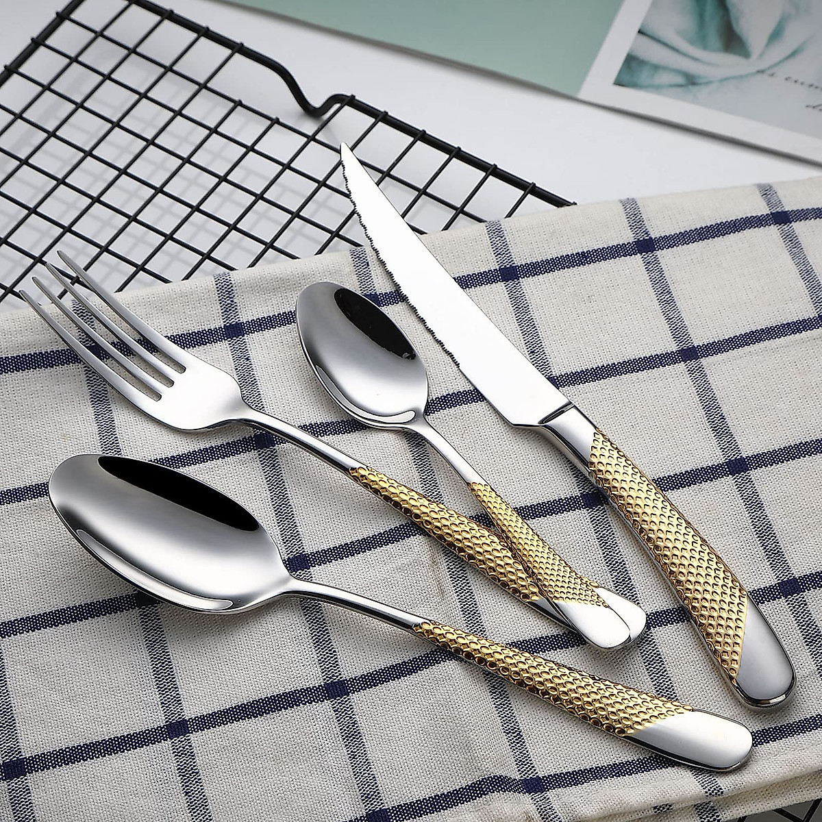 VANDBAO Flatware Cutlery Silverware Set 24 Pieces, Gilding 18/10 Stainless Steel Utensils, Tableware Set Service for 6, Include Knife/Fork/Spoon, Reusable, Mirror Polished, Dishwasher Safe