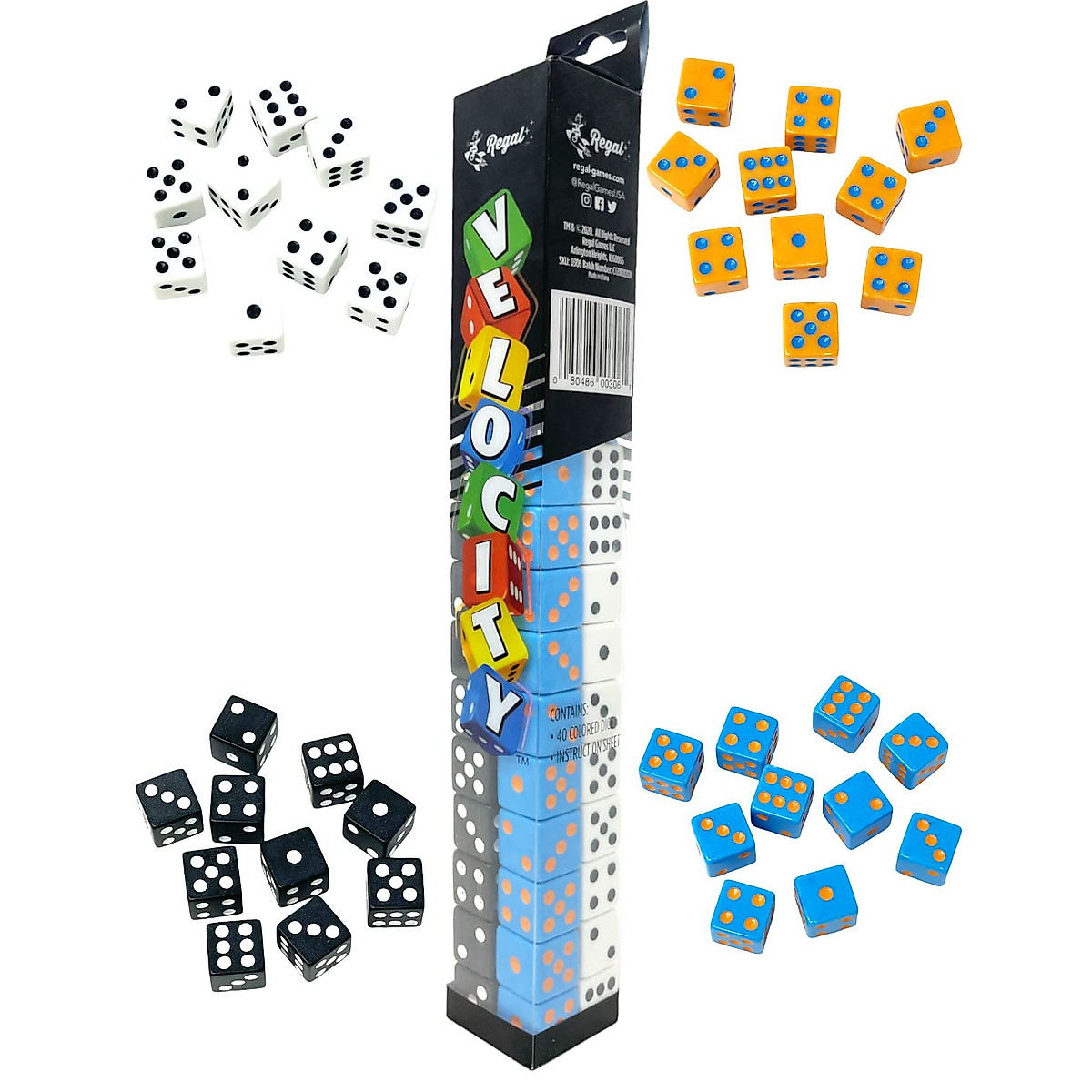 Regal Games Velocity Dice Game Set with Case - Square Dice Colored Set for Family Game Night - 2 to 4 Player (40 Dices)