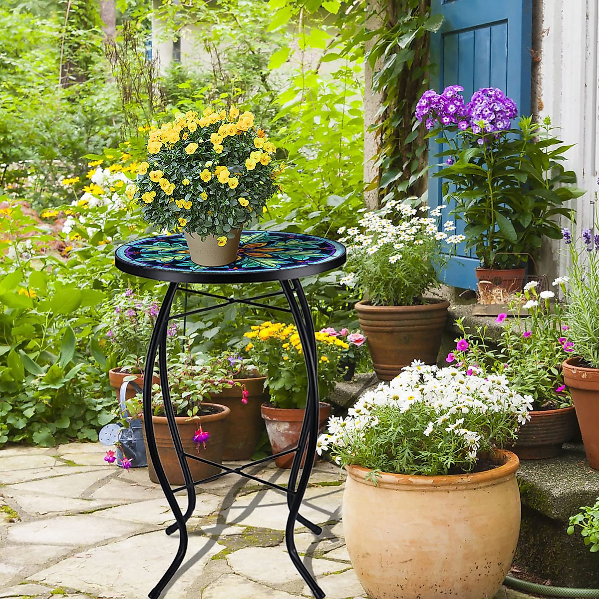 VCUTEKA Outdoor Side Table Mosaic End Table Patio Side Table Small End Table Glass Top Round Balcony Coffee Table Porch Indoor Glass Top