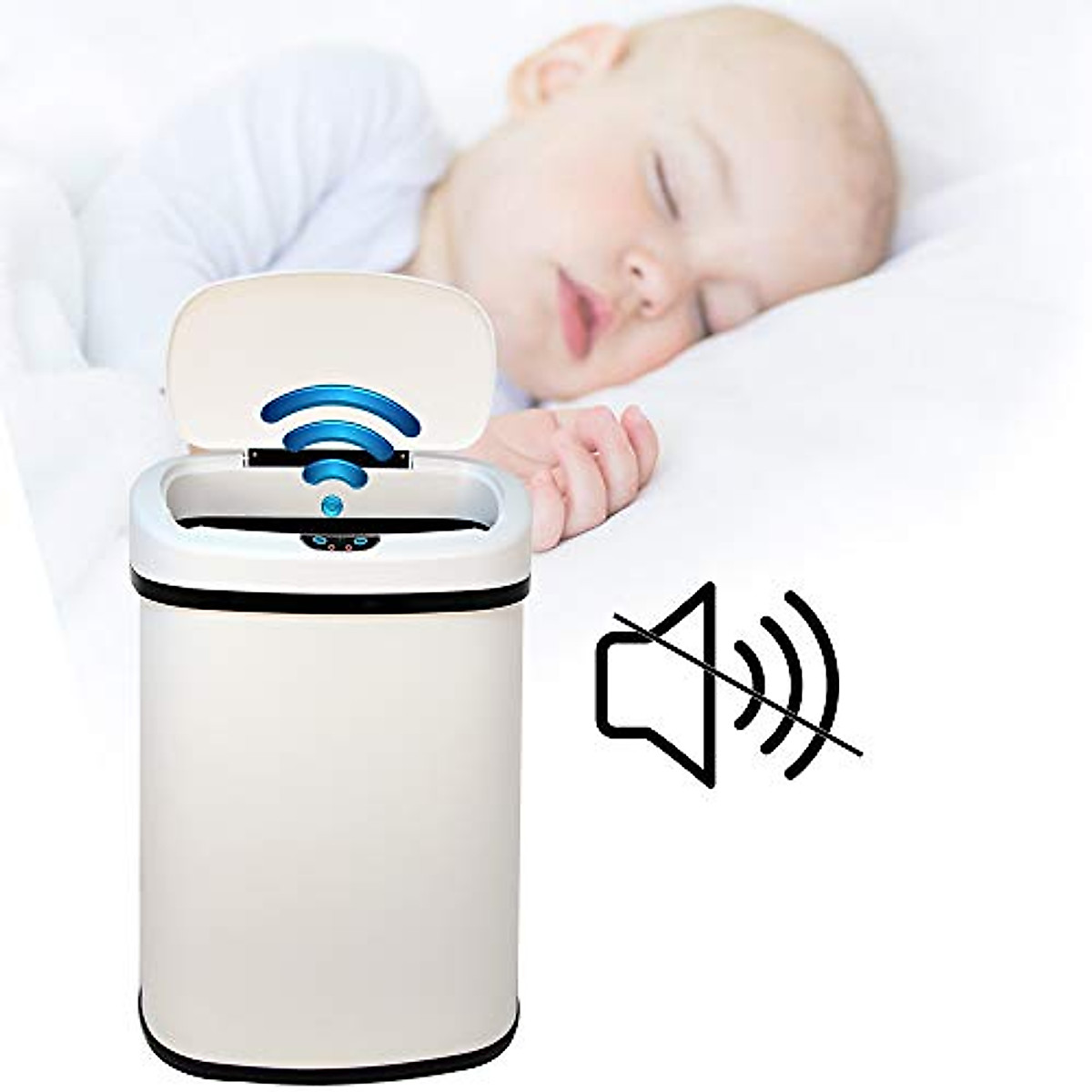 BHP Automatic Garbage can, Touch Free Stainless Steel Trash Can, No Touch Kitchen Waste Bin,High-Capacity Bathroom Trash Can with Lid for Home Bedroom Office, Powered by Battery, White