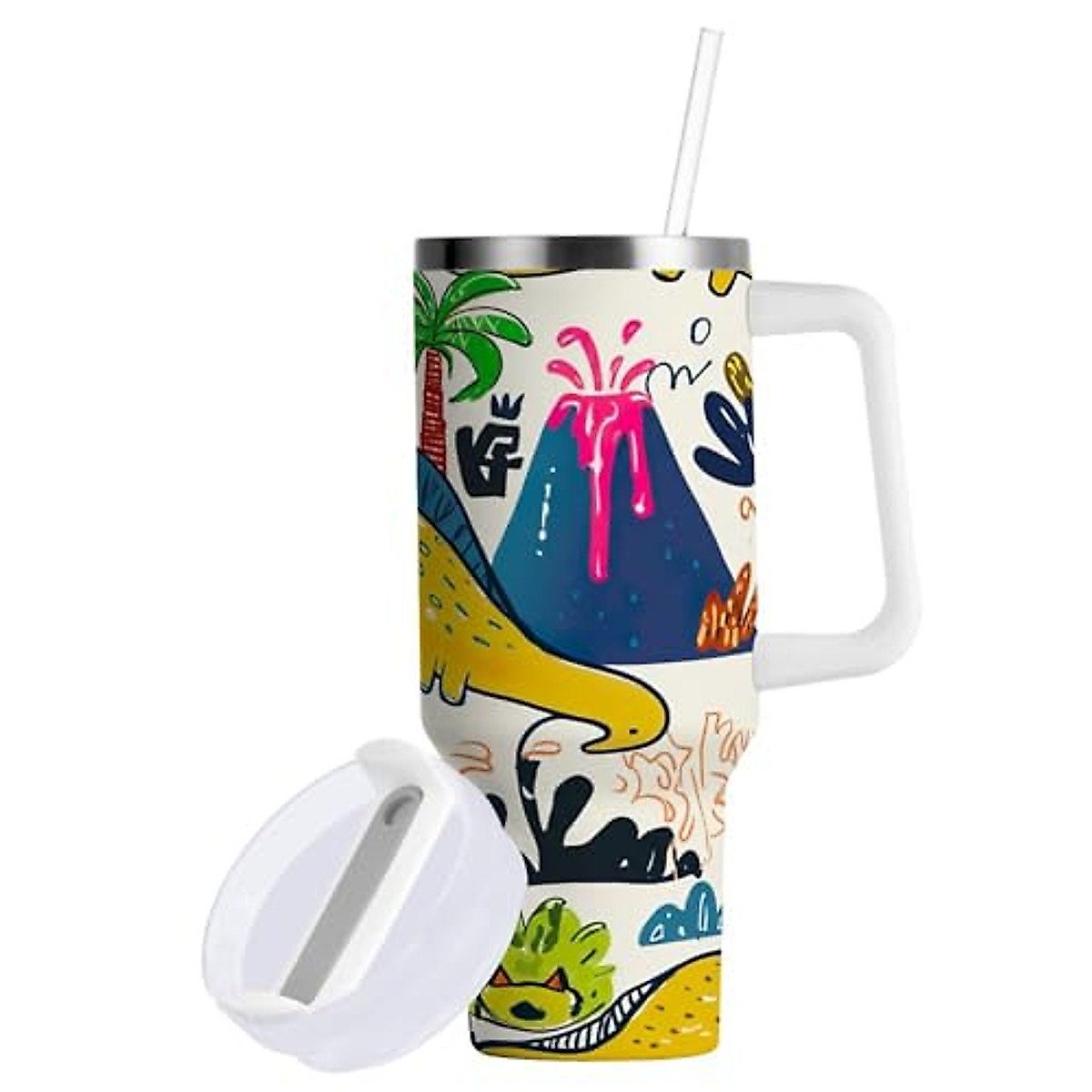RPLIFE Cute Colorful Dinosaurs Coffee Tumbler with Handle, Stainless Steel Mug, Straw Water Bottle