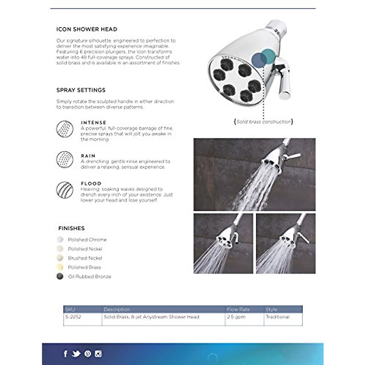 Speakman S-2252 Signature Icon Anystream Adjustable High Pressure Shower Head-1.75 GPM Solid Brass Replacement Bathroom Showerhead, Polished Chrome, 2.5