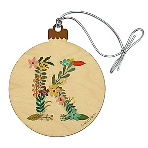 Letter K Floral Monogram Initial Wood Christmas Tree Holiday Ornament