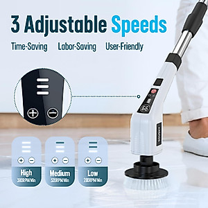 Electric Spin Scrubber, Power Shower Scrubber with Extension Handle for Cleaning, 420RPM/Mins-8 Replaceable Brush Heads-140Mins Long Work Time, 3 Adjustable Size, 3 Speeds for Bathroom Tub Tile Floor
