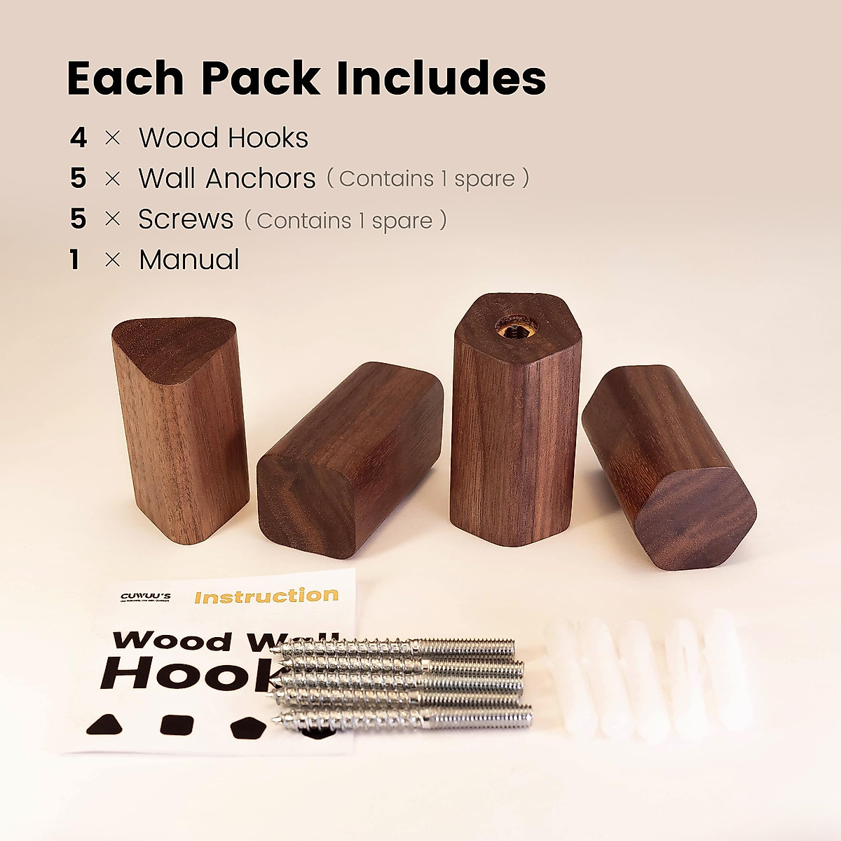 cuwuu's Modern Wood Wall Hooks 4 Pack Coat Hooks Natural Wooden Rack Mounted in Bathroom Entryway for Hanging Clothes Towels Backpacks Hats Keys Wood Wall Decor Hooks(Walnut Wood)