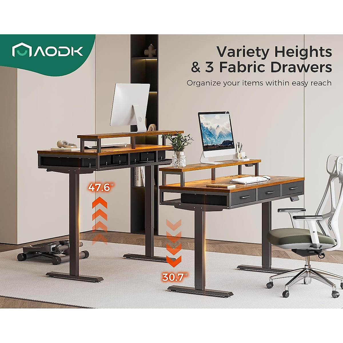 AODK Electric Standing Desk with Drawers, 55 Inch Height Adjustable Gaming Desk with Power Outlets & LED Lights, Sit Stand Table with Monitor Stand for Home, Office, Workstation, Rustic Brown