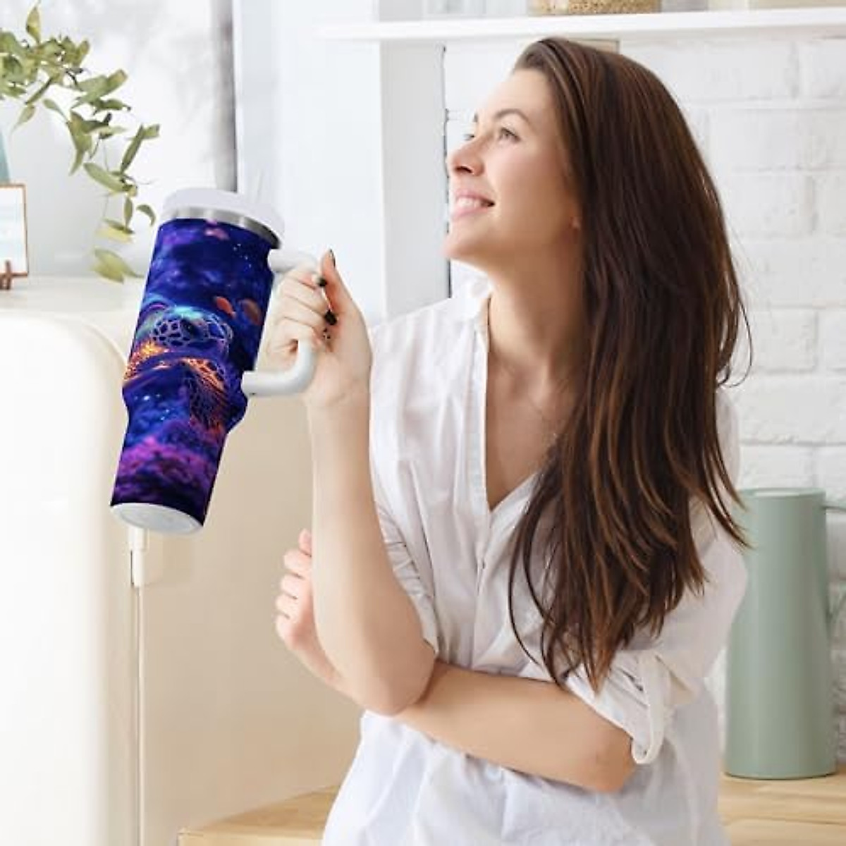 Slewiaeky Tumbler with Handle 40 oz Tortoise Turtle Sea Travel Mug with Lid and Straw Ocean Stainless Steel Vacuum Insulated Water Bottle Cup for Iced Tea Coffee Cold Beverages Cup Holder Friendly