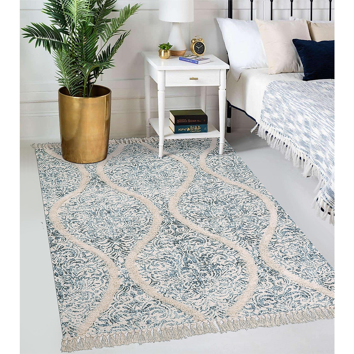 Uphome Boho Area Rug 4' x 6' Washable Vintage Printed Living Room Rug Blue Tufted Distressed Bedroom Rug with Tassels Cotton Farmhouse Floor Carpet for Dining Entryway Kids' Room