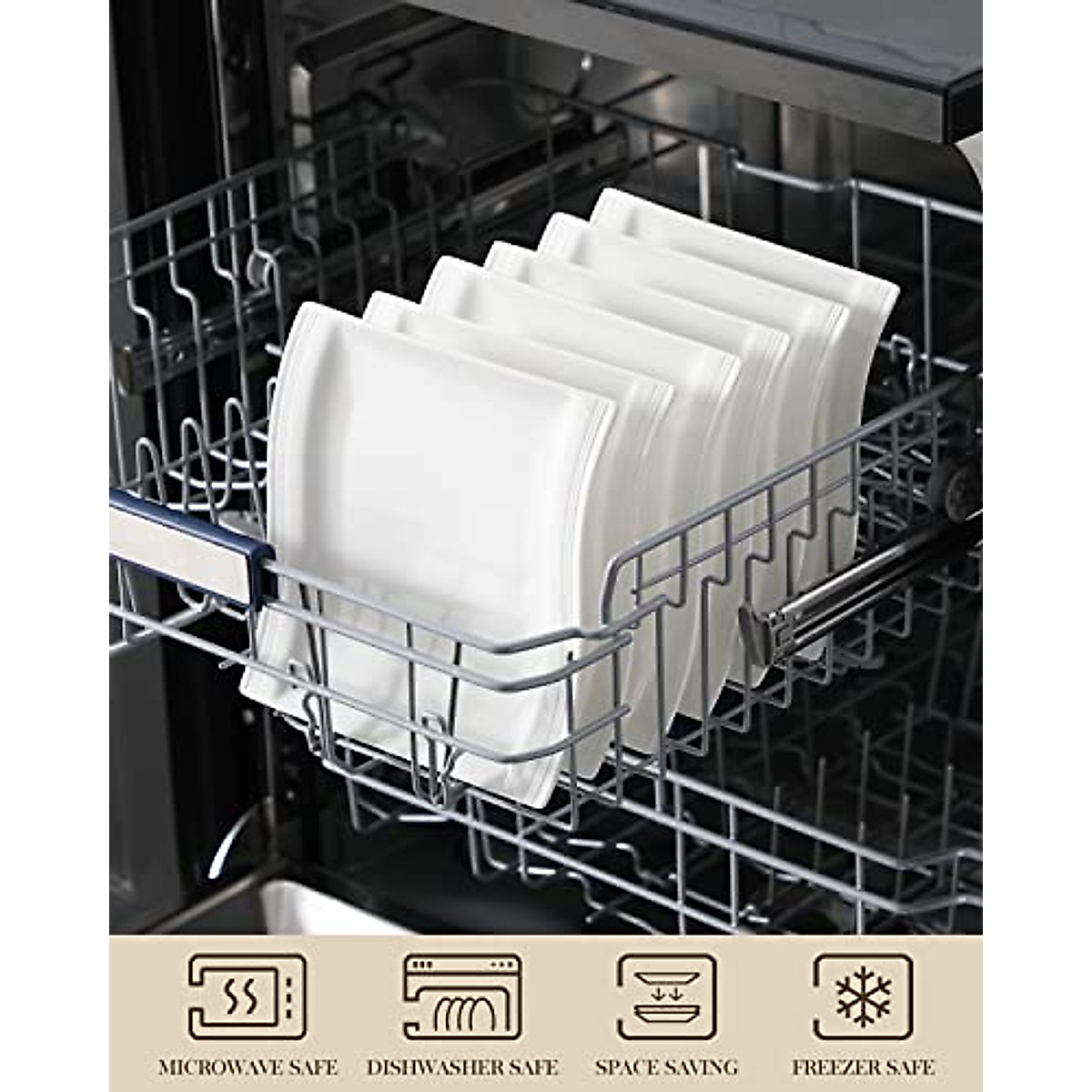 MALACASA Square Dinner Plates, 8.2 Inch Ceramic Plates Set of 6, Ivory White Dinner Plate Kitchen Dish Set, Microwave & Dishwasher Safe, Scratch Resistant, Series Flora