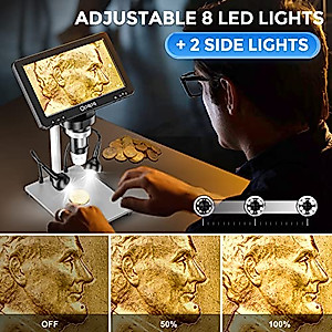Opqpq LCD Digital Microscope 1200X, 7'' Coin Microscope for Error Coin, 1080P Soldering Microscope with 12MP Camera Sensor, Microscope for Adult with 10 LED Lights, Wired Remote, Windows/mac PC View