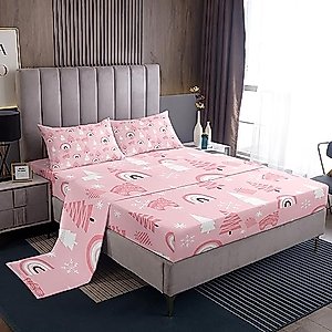 Christmas Tree Sheet Set Merry Christmas Bed Set for Kids Boys Girls Pink Decor Kawaii Rainbow Bed Sheets Cute Sweet Sheets Room 4Pcs Full Size