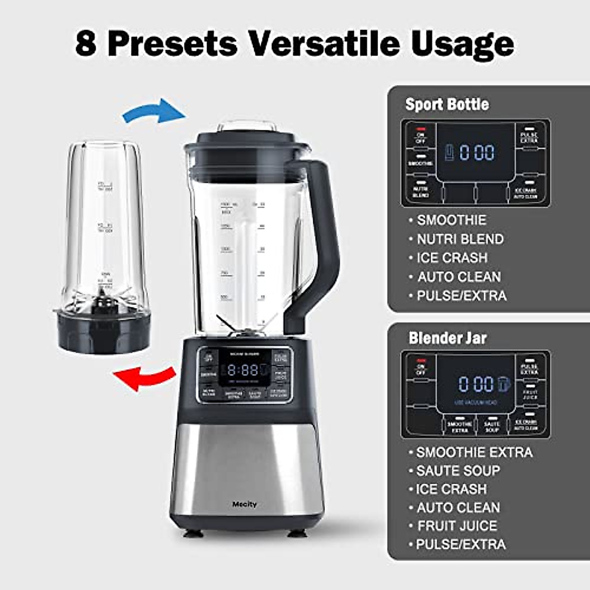 Mecity Professional Countertop Blender With Vacuum Pump, Sport Bottle, Electric High Speed Blender For Smoothie shakes Juice Soup Baby Food Frozen Fruits, LCD Display, Ice Crusher, Auto Clean, 53 Oz, 120V, 1000W