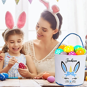 XJone Personalized Custom Easter Buny Baskets for Boys Girls with Name Customized Canvas Cotton Egg Tote Gift Bags