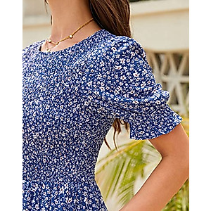 Maggeer 2023 Summer Cute Boho Tiered Puff Short Sleeve Smocked Midi Dresses for Women Blue-1 XS