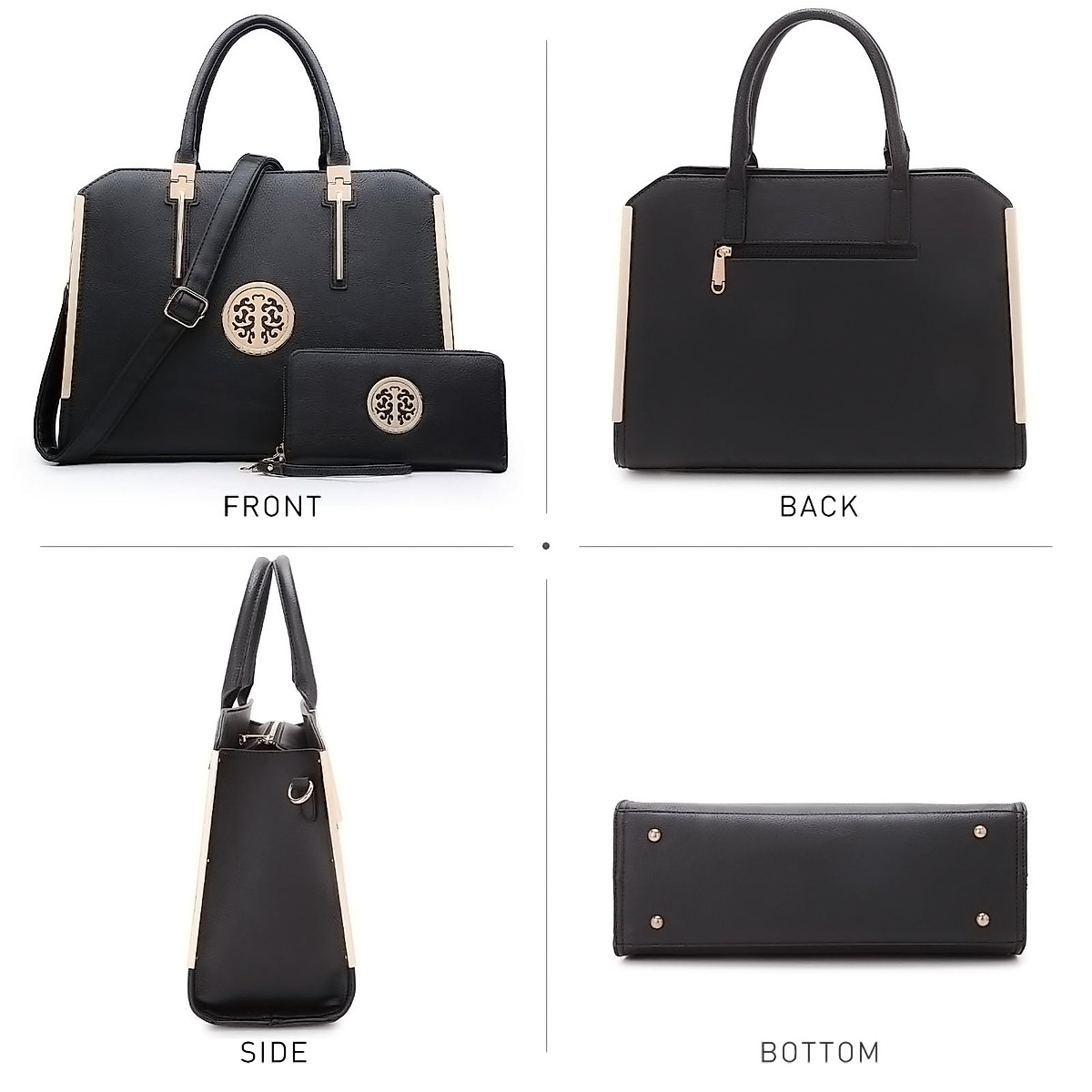 Dasein Women Large Handbag Purse Vegan Leather Satchel Work Bag Shoulder Tote with Matching Wallet (Black)