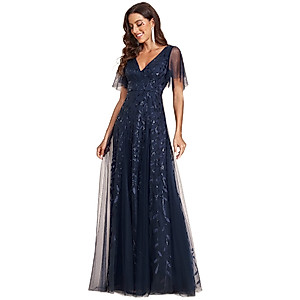 Ever-Pretty Women's Sequin Sparkly V-Neck Short Sleeve Maxi Evening Dress Prom Gowns Navy Blue US10