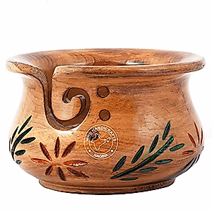 Hind Handicrafts Floral Handcrafted Wooden Portable Yarn Storage Bowl - Solid Dark Handmade Crafted - Holder for Knitting Crochet Hook Accessories - Bag Included (Design-1, 6" x 6" x 4")