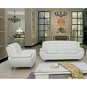 Container Furniture Direct Michael Modern Faux Leather Upholstered Stainless Steel Legs Living Room Sofa, White Dove