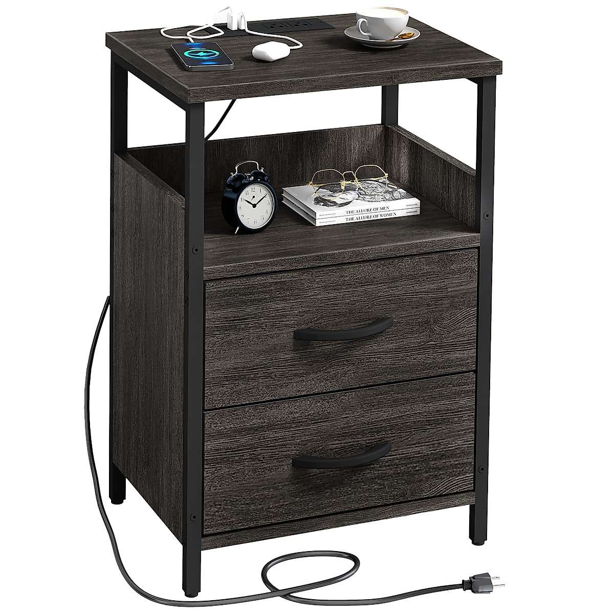KHLJJU Nightstand with Charging Station, End Table Fabric-Wood 2-in-1 Drawer, Side for Small Spaces, Grey Bedside Tables USB Ports and Outlets Living Room, Bedroom, Office, KHL-BC-Hui-A