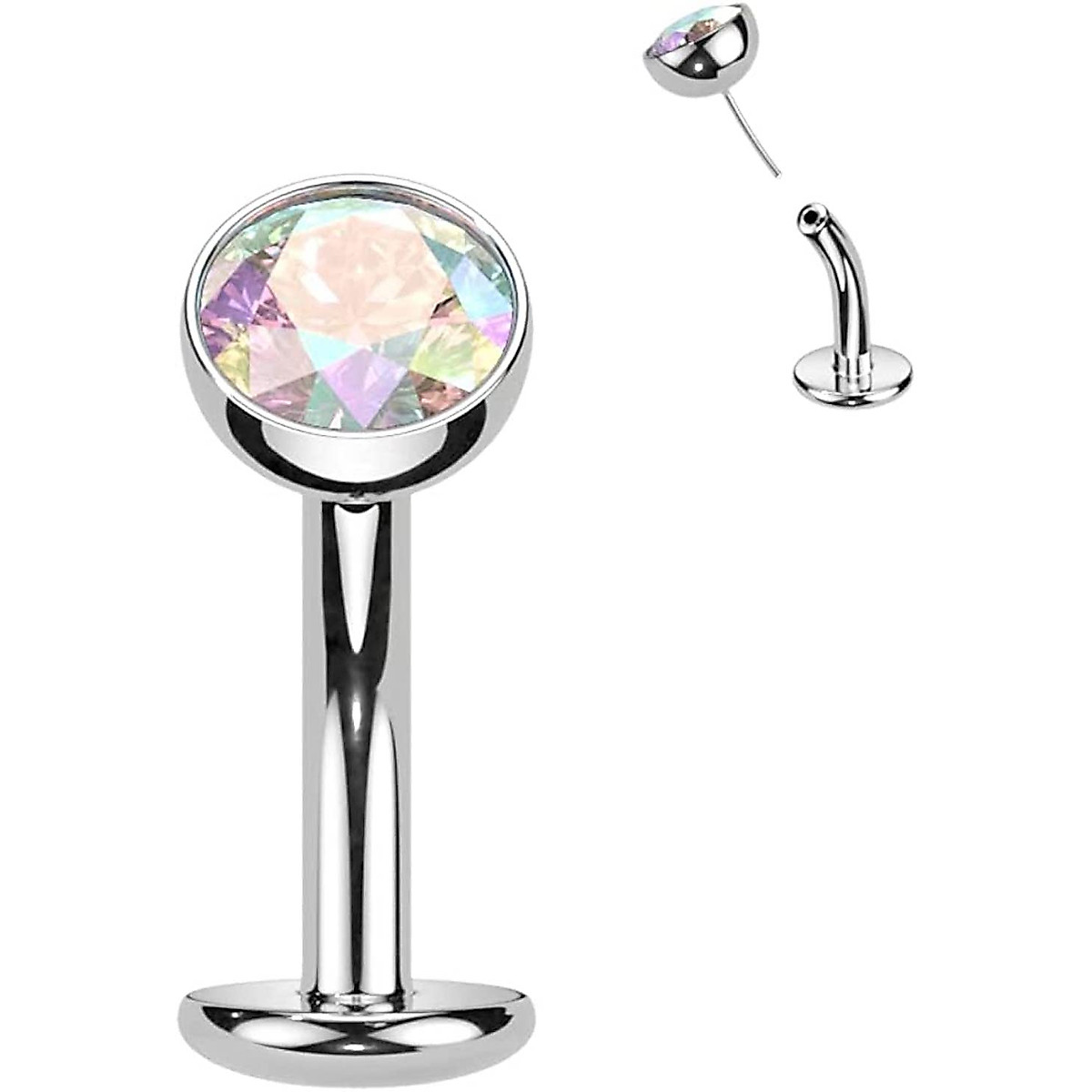 Titanium Threadless Floating Convex Base Belly Button Ring With Bezel CZ Ball Top (Aurora Borealis)