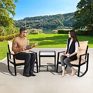 Dkeli Outdoor Rocking Chairs 3 Pieces Pe Wicker Bistro Sets with Glass Coffee Table Front Porch Furniture Rocking Chairs Set of 2 for Backyard Porch Balcony Lawn, Beige Cushion