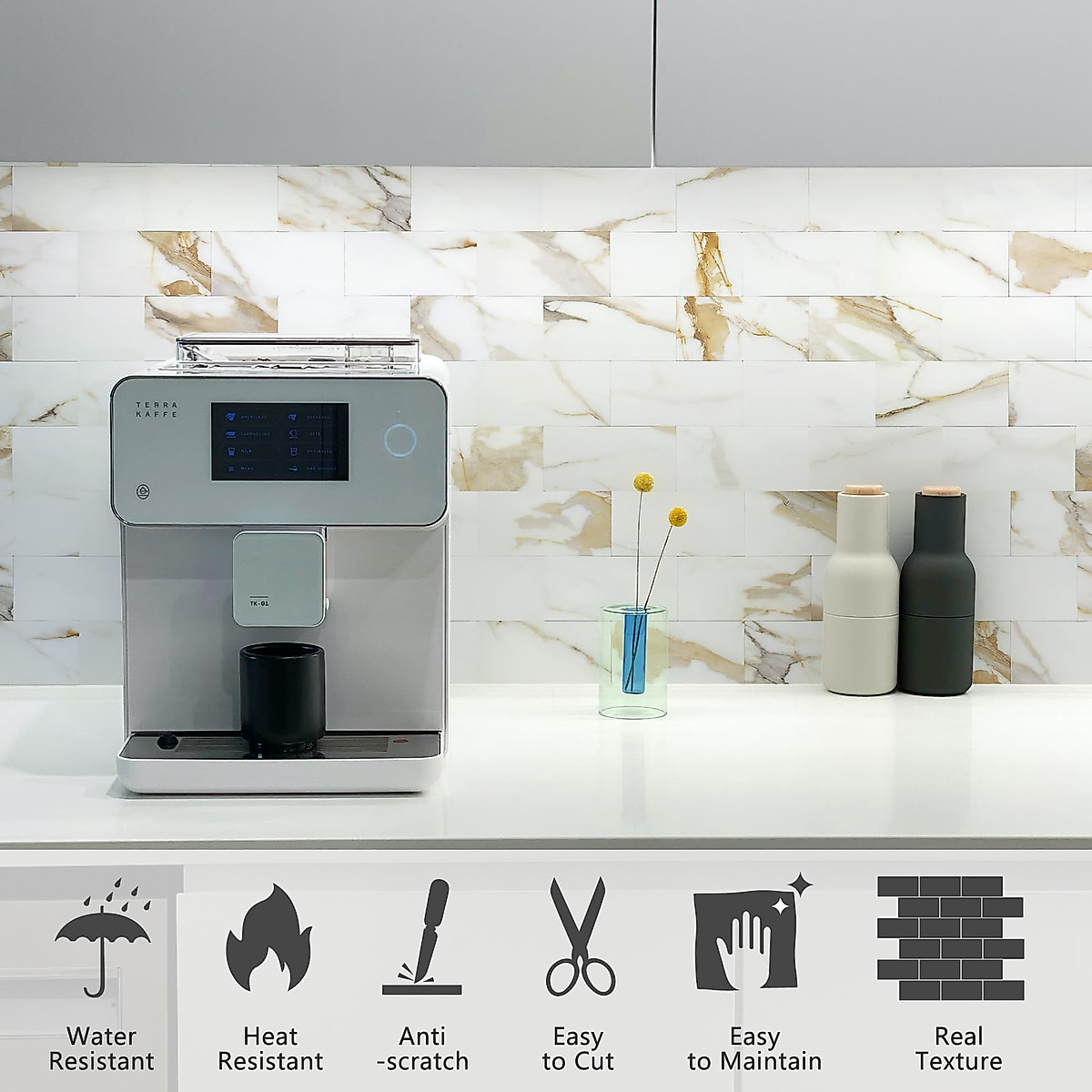 STICKGOO 10-Sheet Peel and Stick Backsplash for Kitchen, Stick on Kitchen Backsplash PVC Wall Tile, Calacatta Golden Self Adhesive Subway Tile