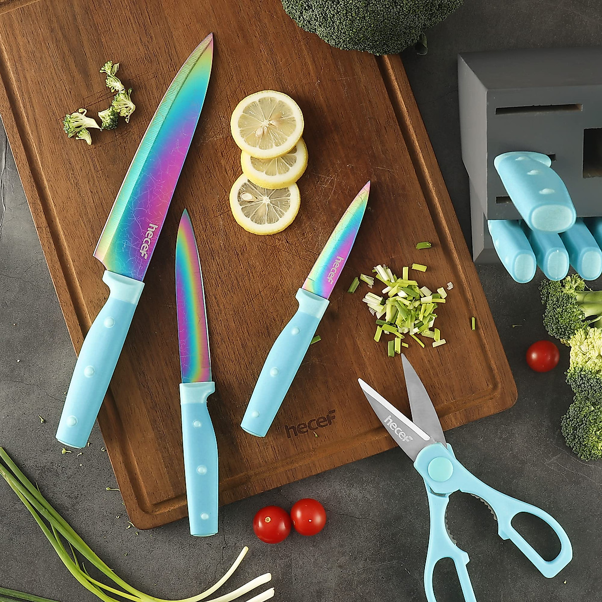 hecef 14 Pieces Knife Set with Block, Rainbow Titanium Knives Set with Laser Pattern, Martensitic Stainless Steel Chef Knife Set with Sharpener, Steak Knife, Scissors, Mothers Day Gift(Blue)