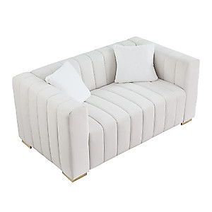 DREAMODERN 62.6'' Chesterfield Sofa Loveseat Couch for Living Room, Modern Velvet 2-seat Upholstered Sofa Couch with Pillows and Strong Gold Metal Legs for Apartment Bedroom Dorm Office - White