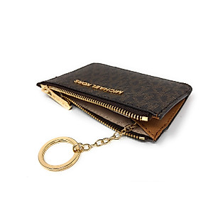 Michael Kors Jet Set Travel Small Top Zip Signature Leather Coin Pouch ID Card Case Wallet In Brown/Acorn