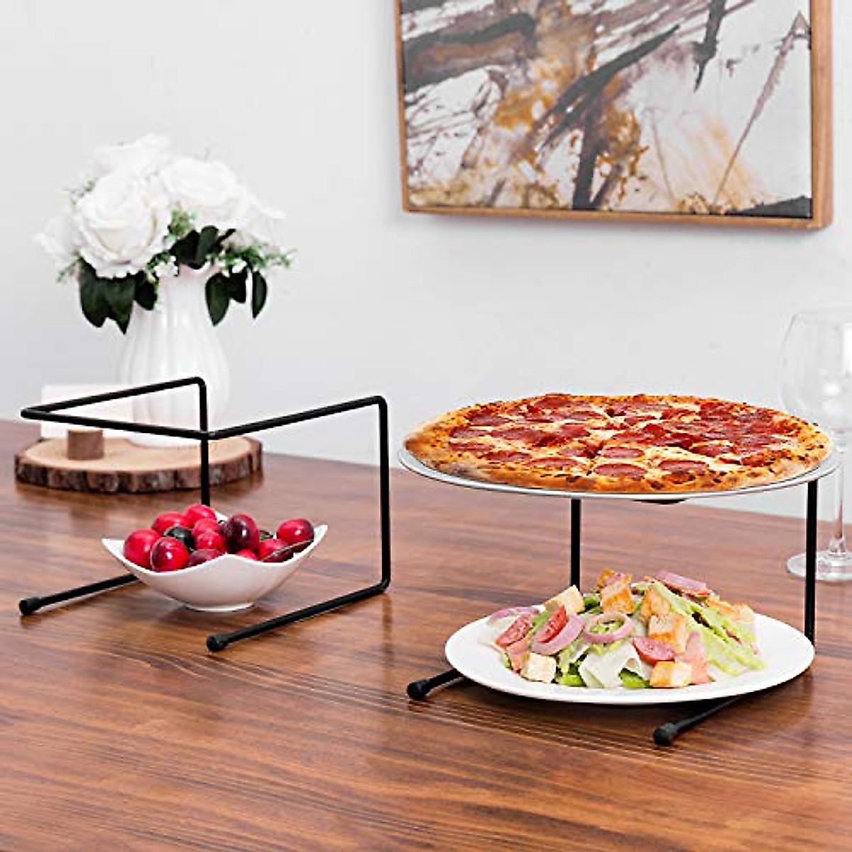 MyGift Black Metal Pizza Table Stands, Tabletop Pizza Pan Riser Food Platter Tray and Display Rack, Set of 4