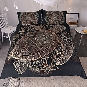Sleepwish Gold Black Tortoise Bedding 3D Printed Golden Duvet Cover Turtle Floral Pattern Funky Duvet Cover Bedspread Quilt Cover (Queen)