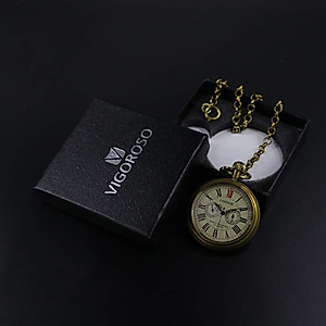 VIGOROSO Men's Vintage Full Copper Hand-wind Mechanical Second&24hours Sub-dials Pocket Watch in box