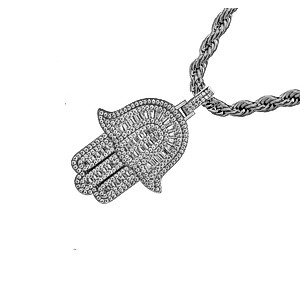 Shop-iGold Men's Hamsa Evil Eye Protector Men Women 925 Italy White Gold Finish Iced Silver Charm Pendant Stainless Steel Real 3 mm Rope Chain, Mans Jewelry, Iced Pendant, Rope Necklace 16"- 24" (24)