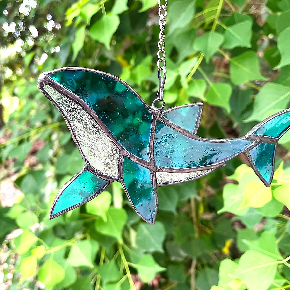 Mollytek Stained Glass Window Hangings Flying Dolphin Shaped Stained Glass Suncatcher Panel for Window Wall Patio Car Garden Haning Ornament with Chain,Home Decor Gifts for Mom, Dolphin Lovers
