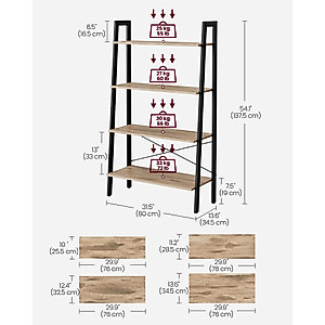 VASAGLE Ladder Shelf, 4-Tier Bookshelf, Storage Rack, Bookcase with Steel Frame, for Living Room, Home Office, Kitchen, Bedroom, Industrial Style, Camel Brown and Black ULLS144B50