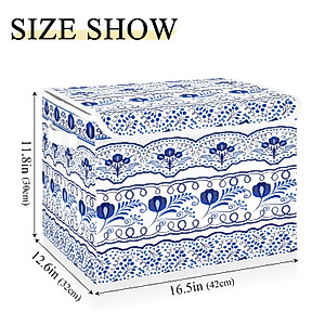 WELLDAY Blue White Floral Ceramic Storage Baskets Foldable Cube Storage Bin with Lids and Handle, 16.5x12.6x11.8 In Storage Boxes for Toys, Shelves, Closet, Bedroom, Nursery